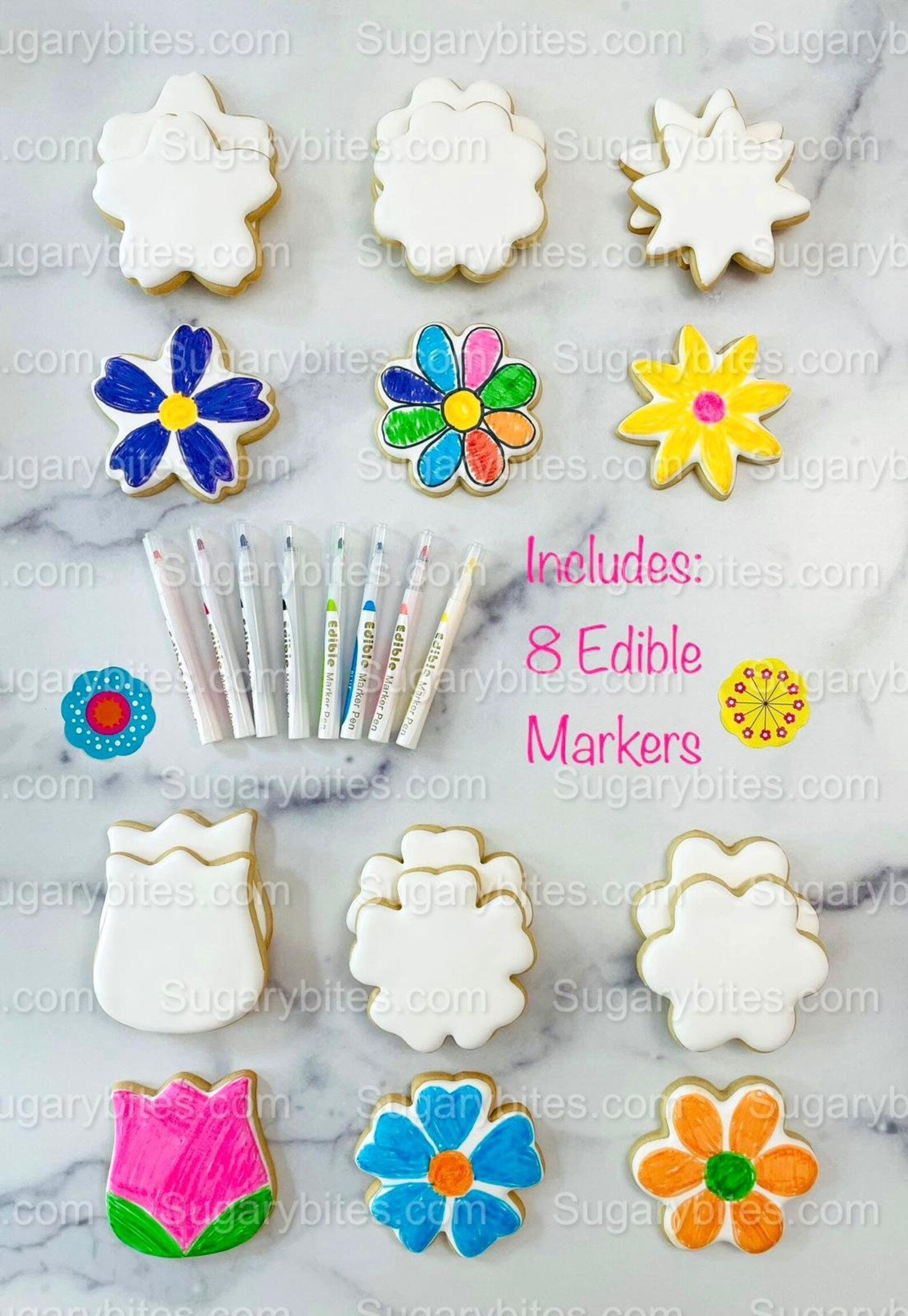 Flower Cookie Coloring Kit with 12 Cookies and 8 Edible Ink Markers, C ...